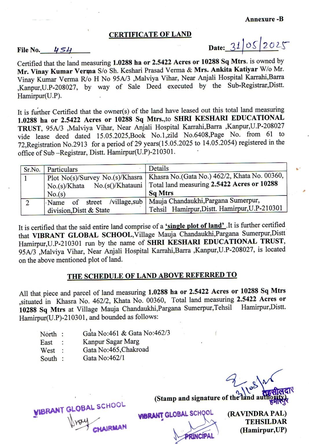 Certificate OF land – Vibrant Glabal School
